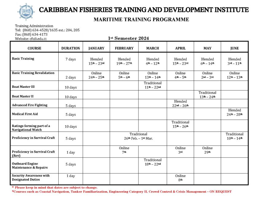 Course Schedule - Caribbean Fisheries Training and Development Institute