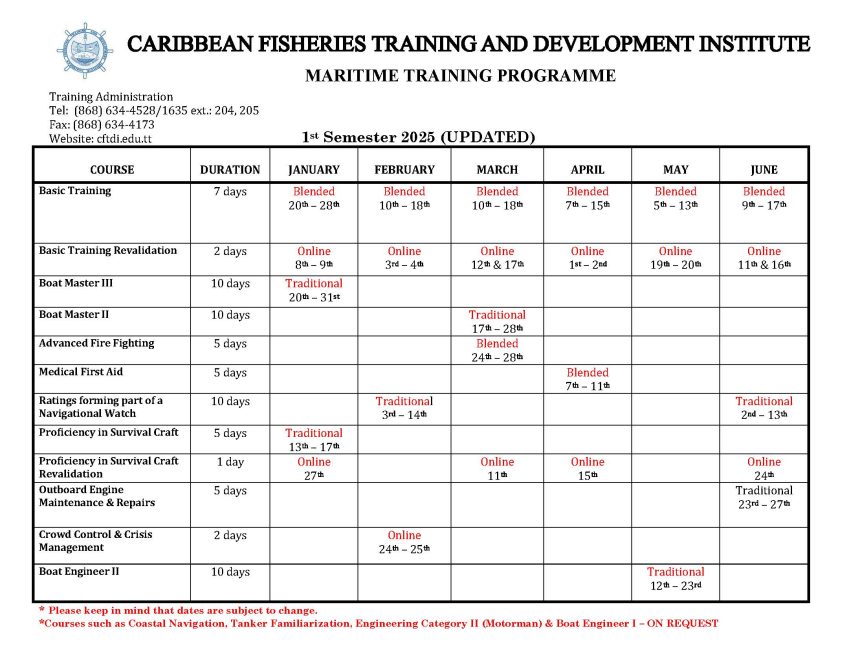Training Schedule - Caribbean Fisheries Training and Development Institute